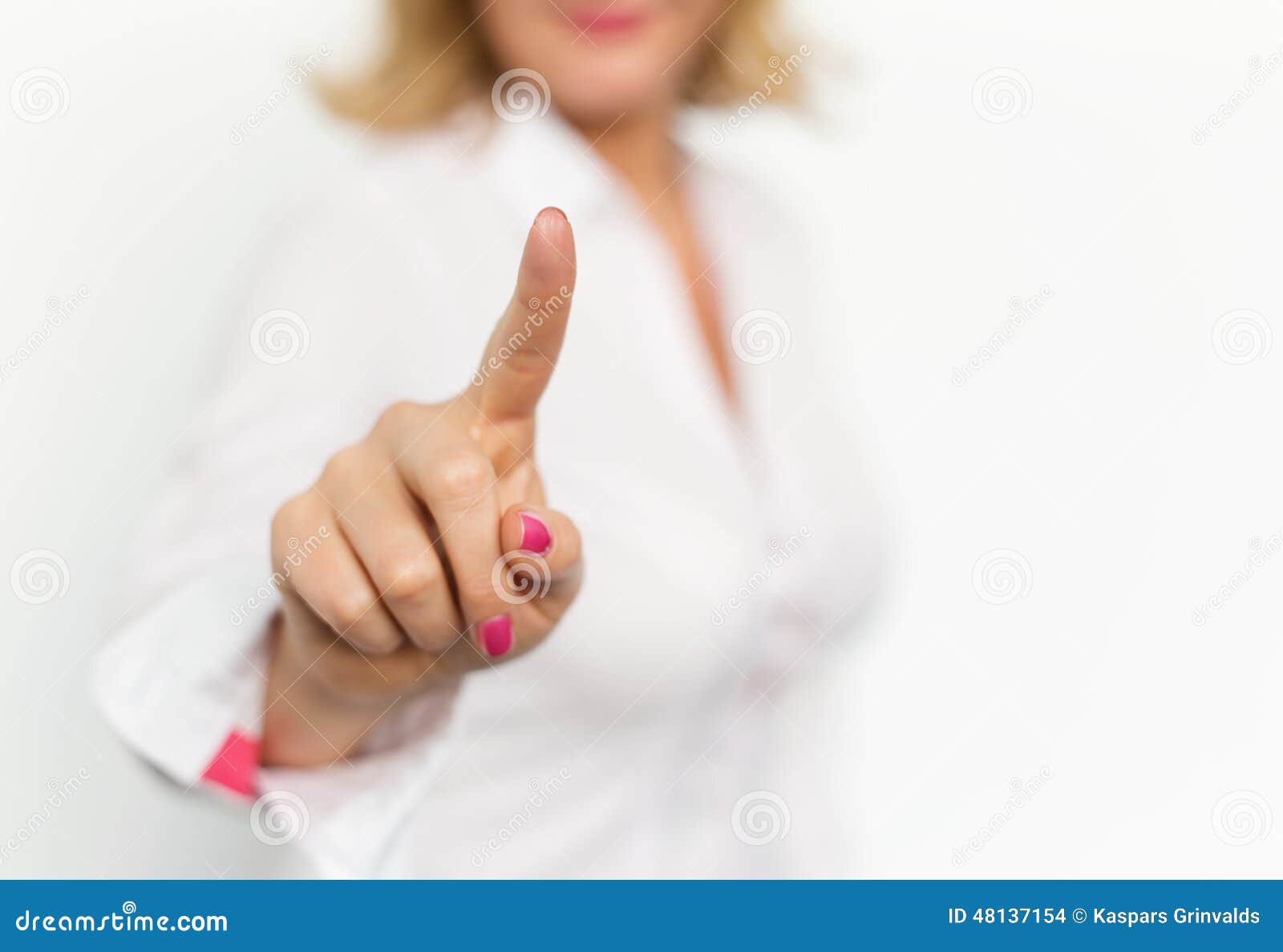 Woman Pressing Invisible Button Stock Photo - Image of hand, display ...