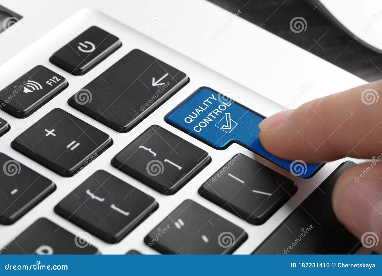 Woman Pressing Quality Control Button on Computer Keyboard Stock Photo ...