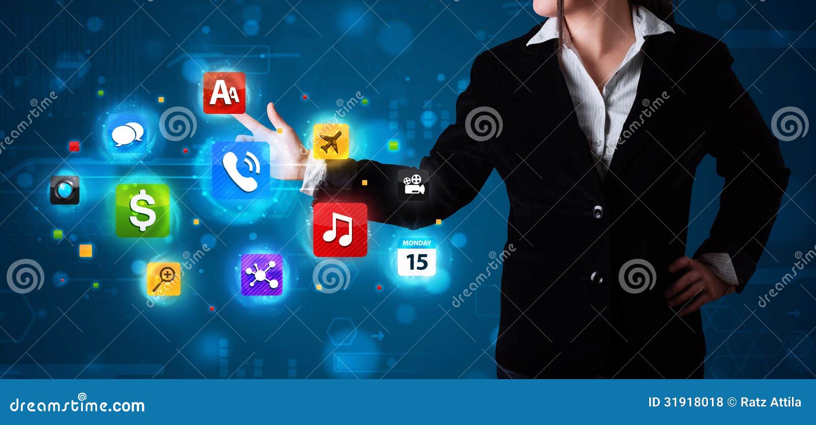 Woman Pressing Various Collection of High Tech Buttons Stock Photo ...