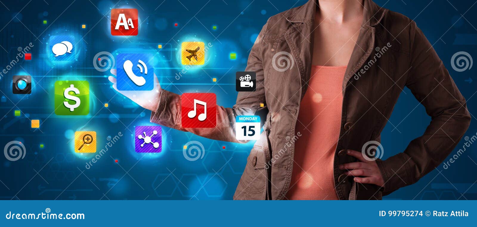 Woman Pressing Various Collection of High Tech Buttons Stock Photo ...