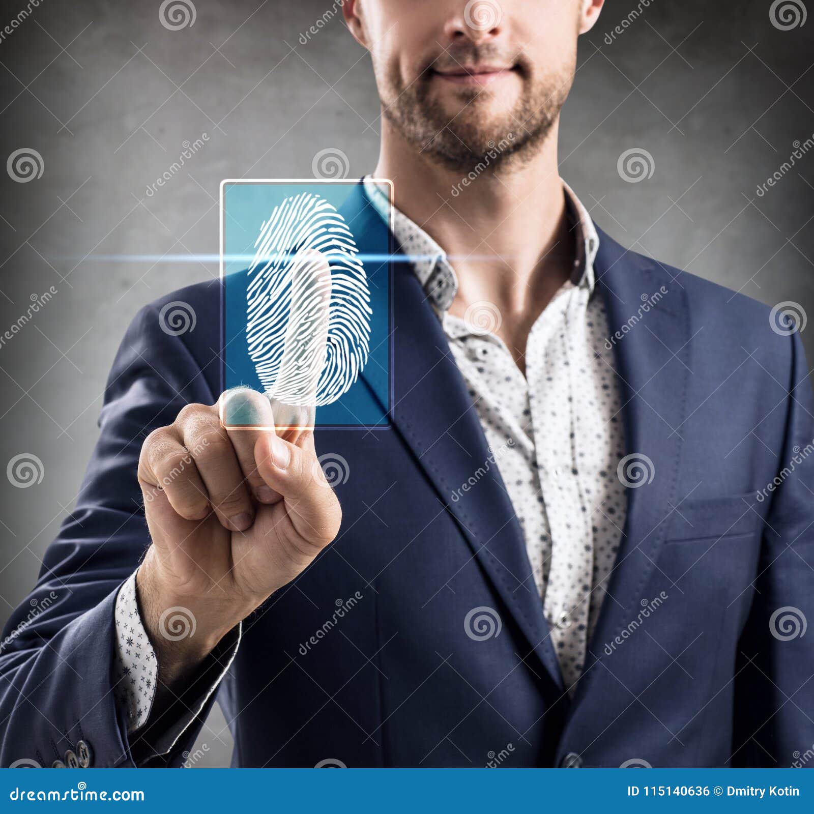 Woman Pressing on Virtual Button with Dactyloscopy Scanner. Stock Photo ...