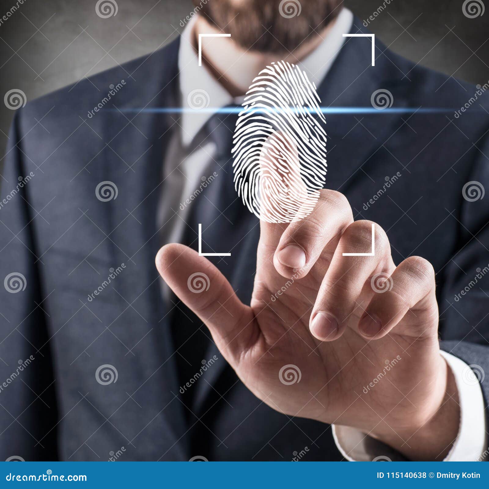 Woman Pressing on Virtual Button with Dactyloscopy Scanner. Stock Photo ...