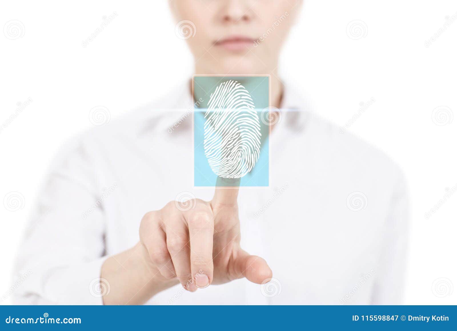 Woman Pressing on Virtual Button with Dactyloscopy Scanner. Stock Image ...