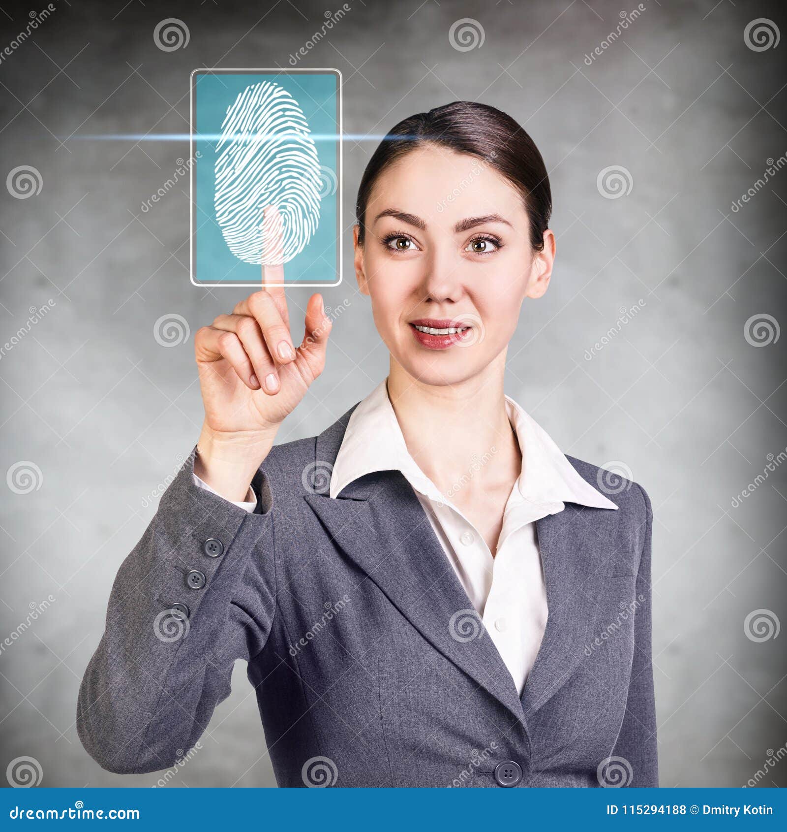 Woman Pressing on Virtual Button with Dactyloscopy Scanner. Stock Photo ...