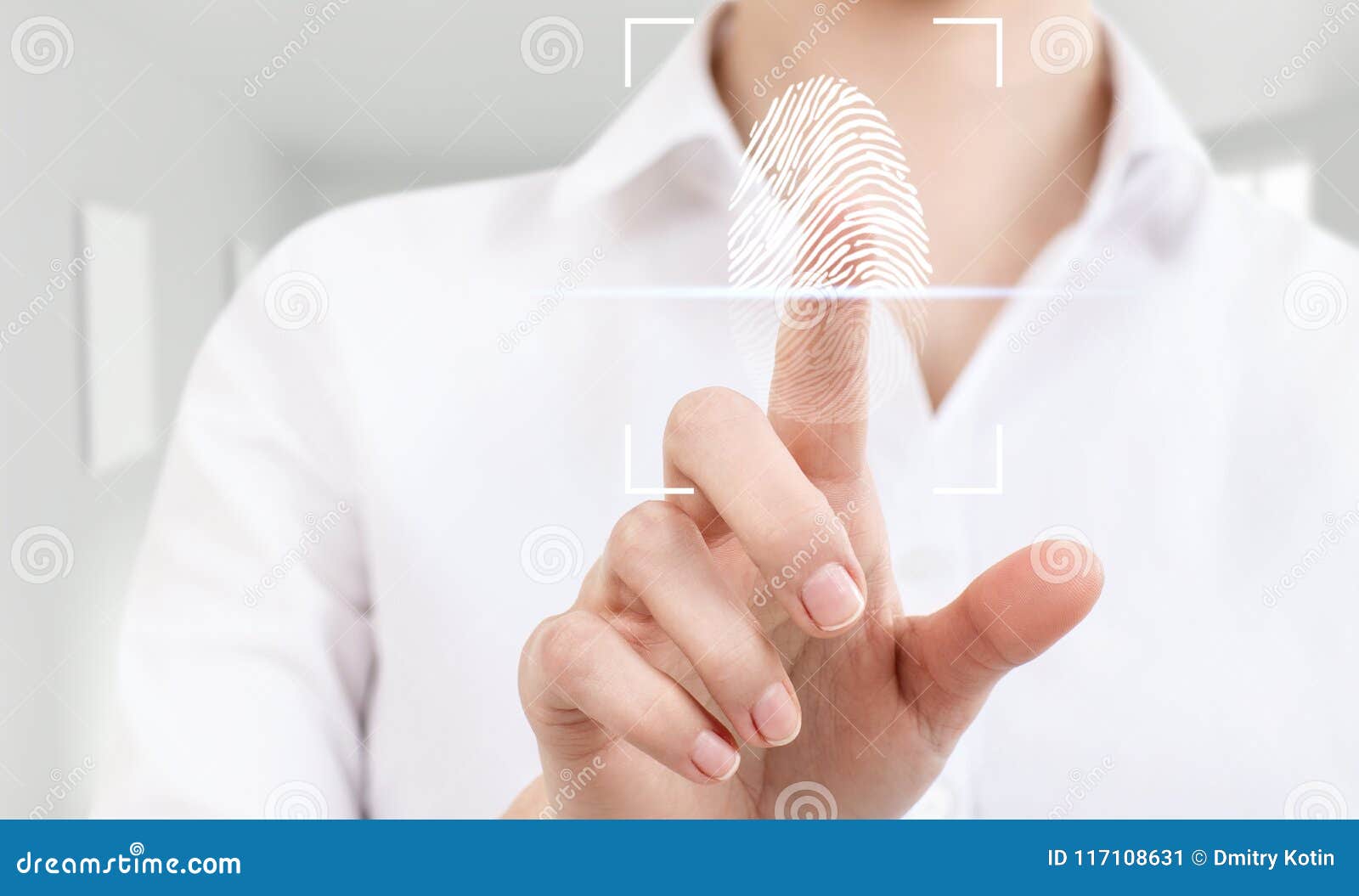 Woman Pressing on Virtual Button with Dactyloscopy Scanner. Stock Image ...