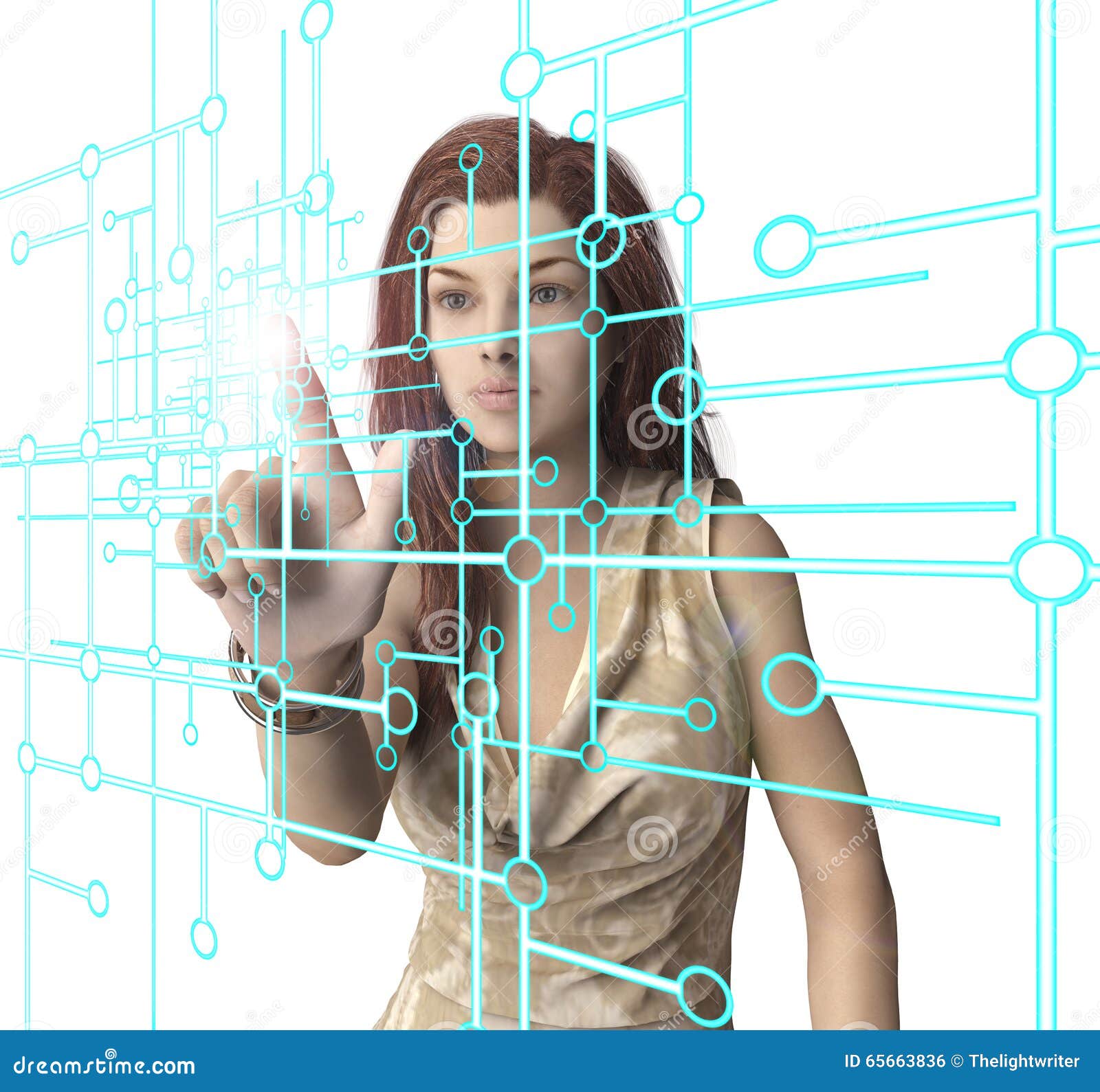 Woman Pressing Virtual Computer Screen with Finger Stock Illustration ...
