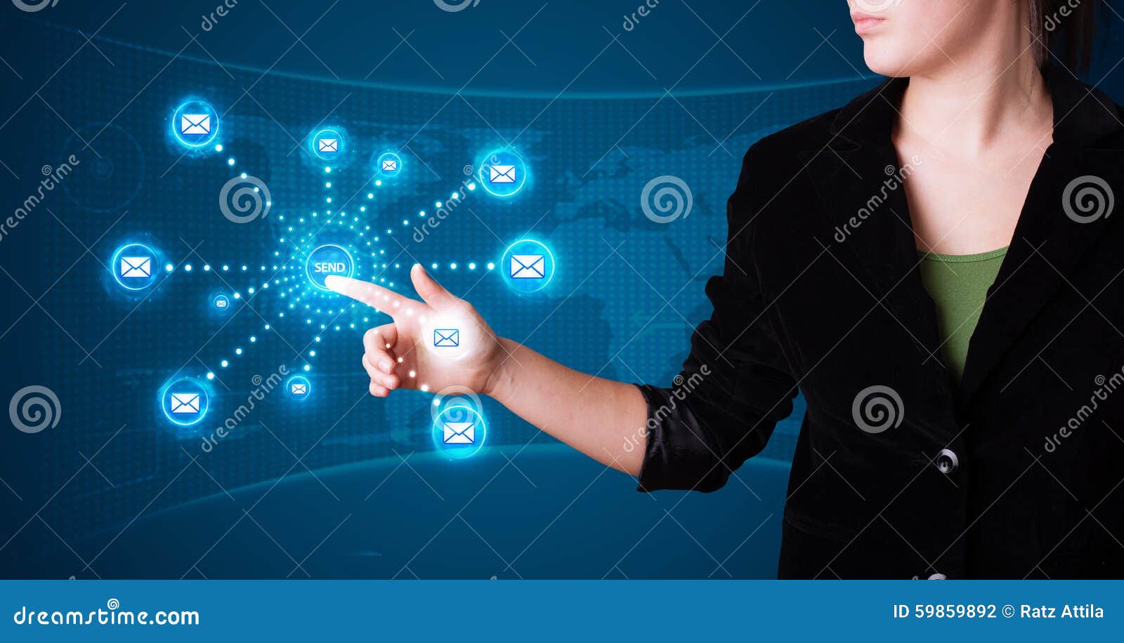Woman Pressing Virtual Messaging Type of Icons Stock Photo - Image of ...