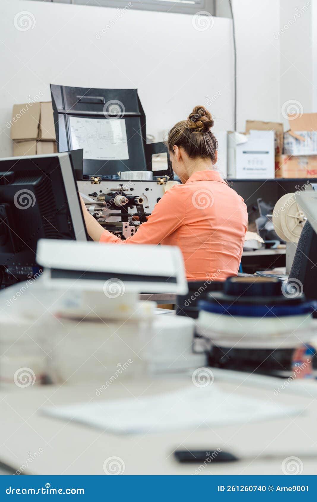 Woman in Printing Shop on the Design Computer Stock Photo - Image of ...