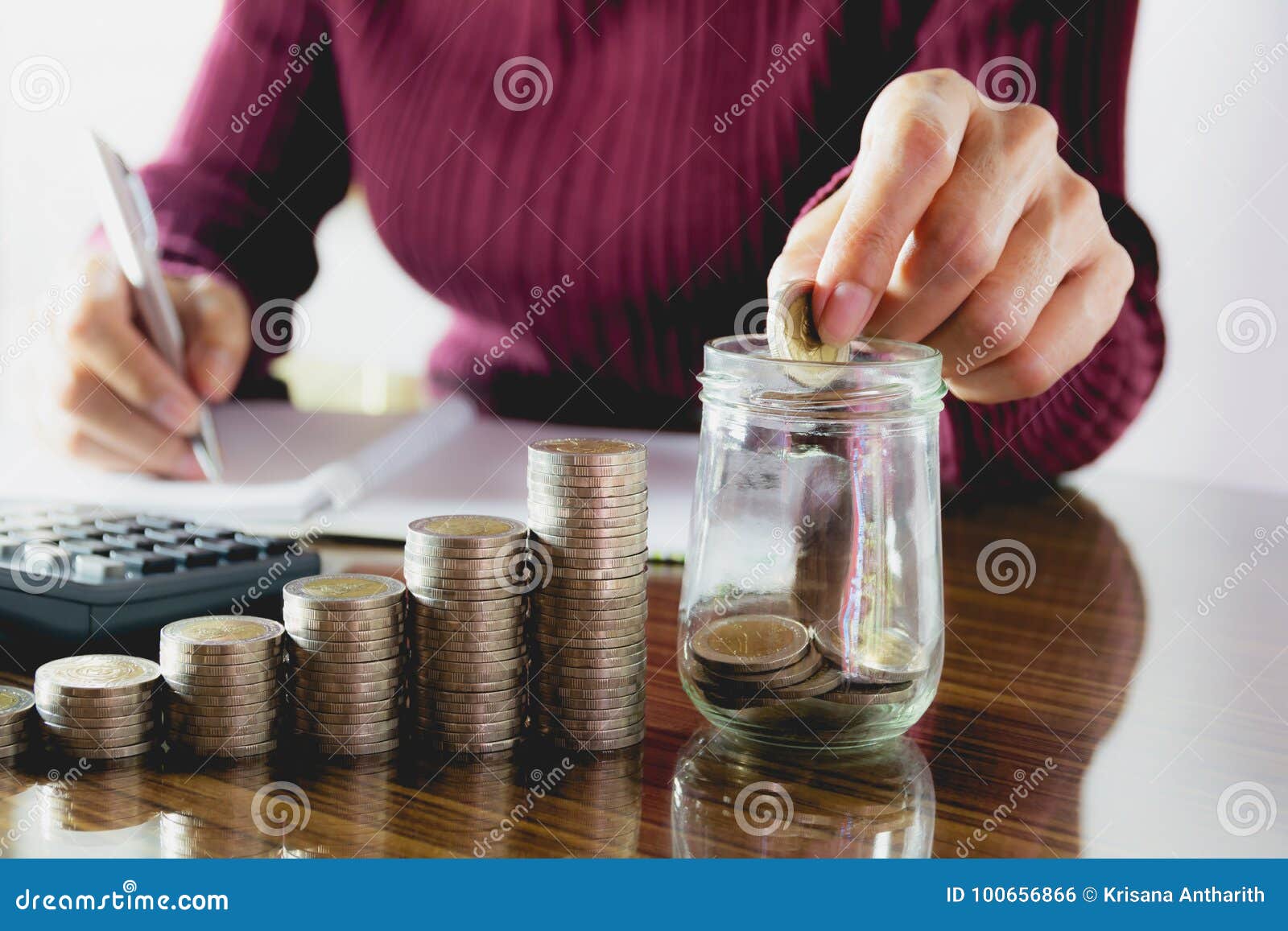 Woman Process and Drop Coin into the Glass with Stack Coins Stock Photo ...