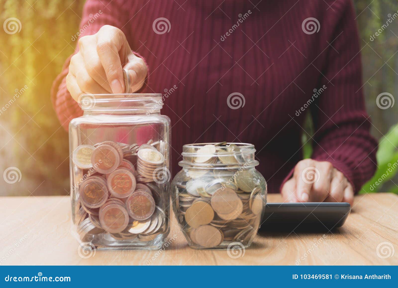 Woman Process and Drop Coin into the Glass with Stack Coins Stock Image ...