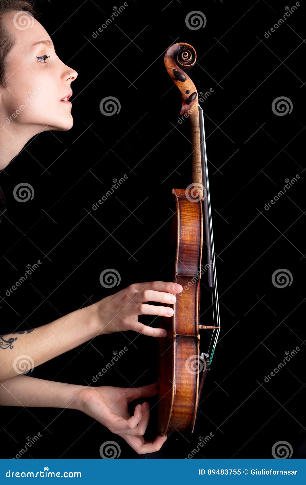 Woman Profile and Violin on Black Background Stock Image - Image of ...