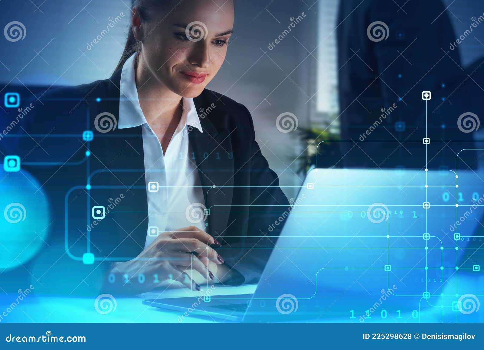 A Woman Programmer is Typing a Code on Laptop To Protect a Cyber Stock ...