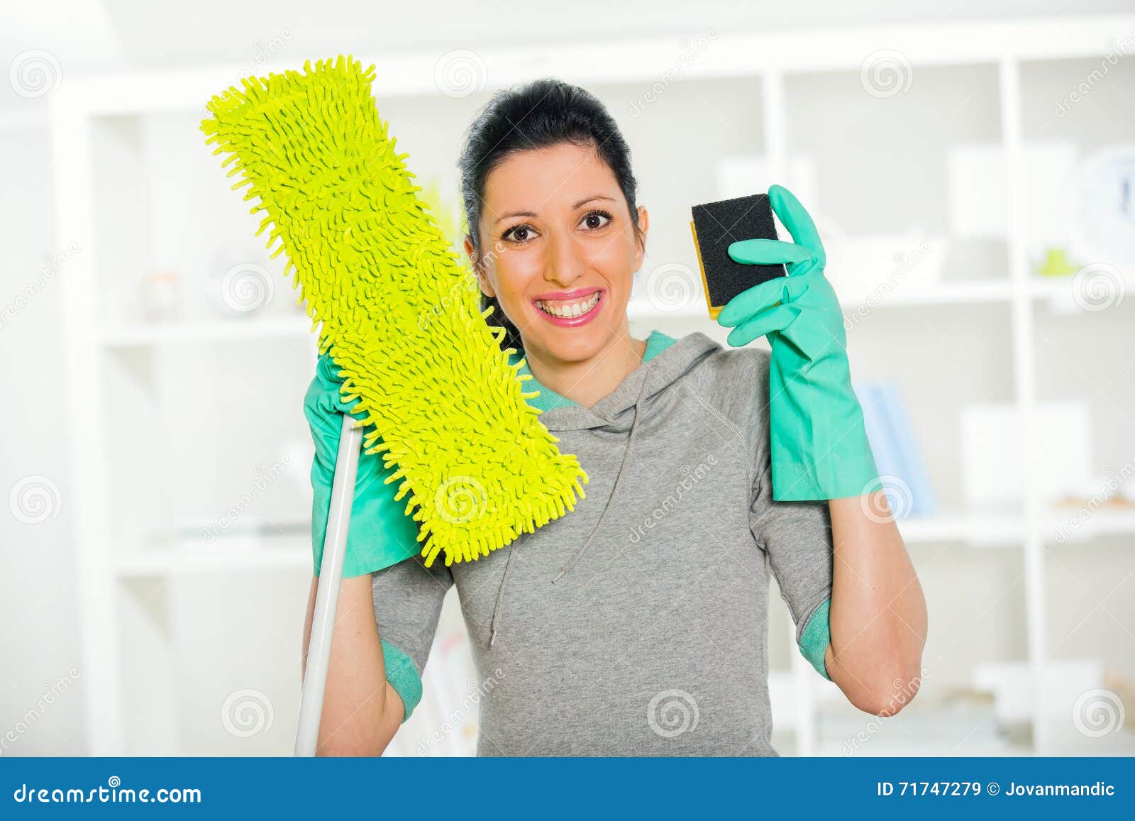 Woman In Protective Gloves Holding A Sponge And Mop Stock Image Image