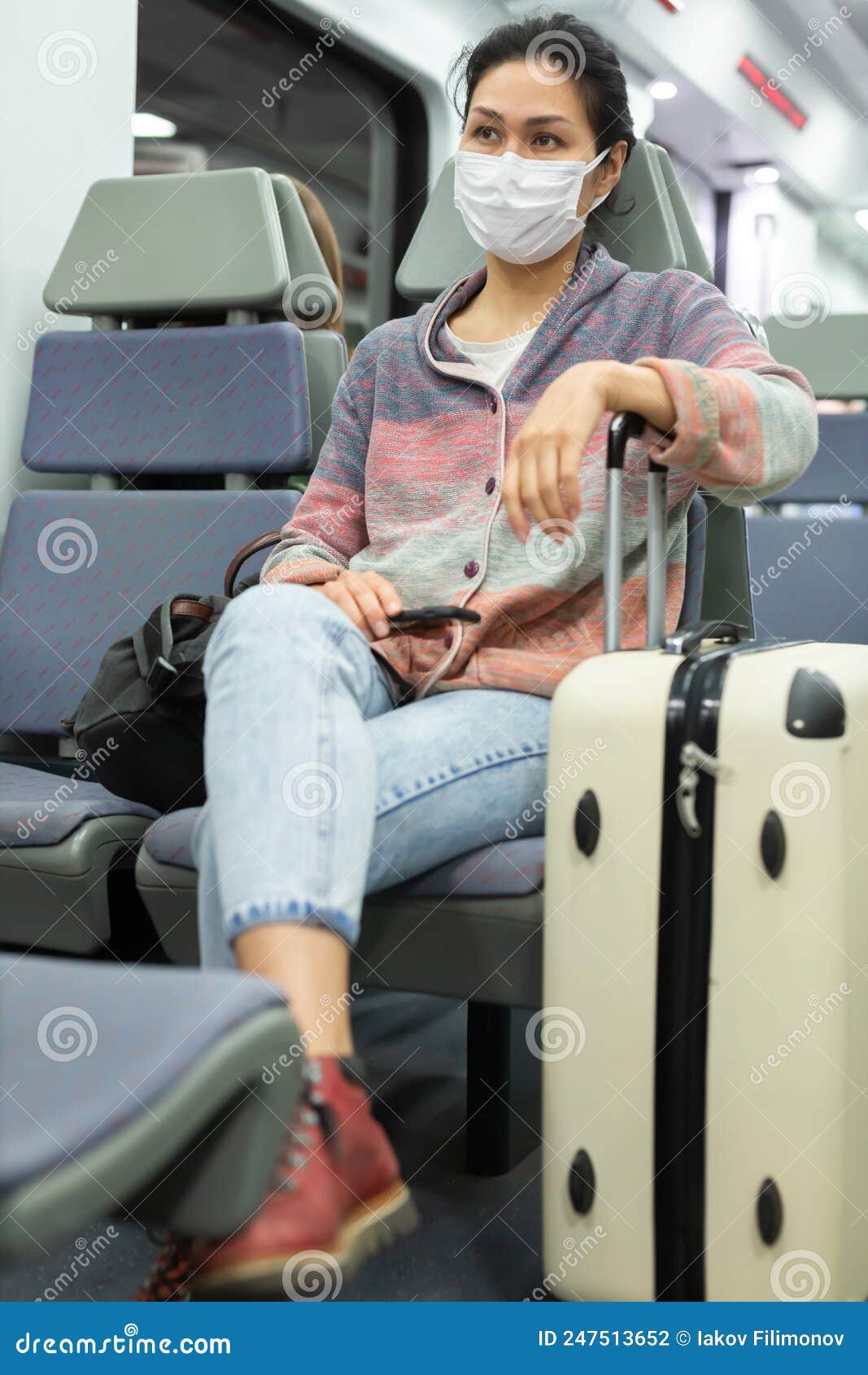 Woman in Protective Mask Sitting in Subway Train Stock Photo - Image of ...