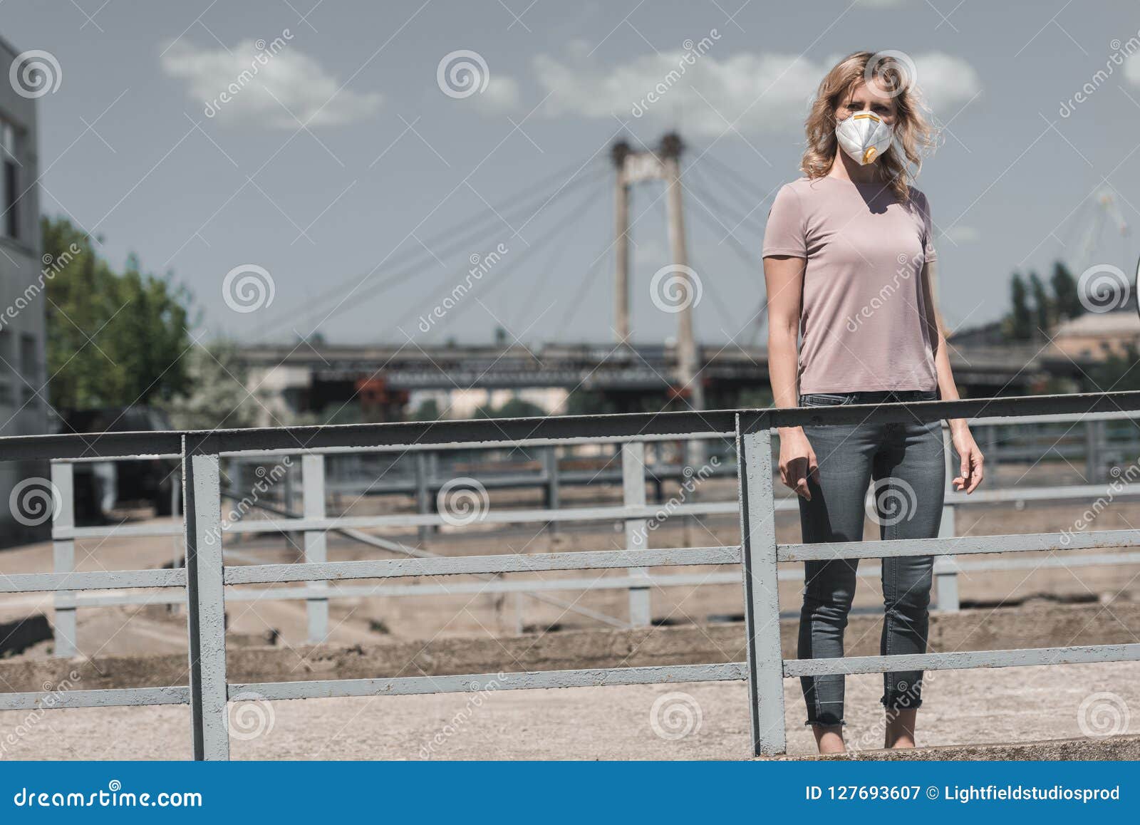 Woman in Protective Mask Standing on Bridge Air Stock Image - Image of ...