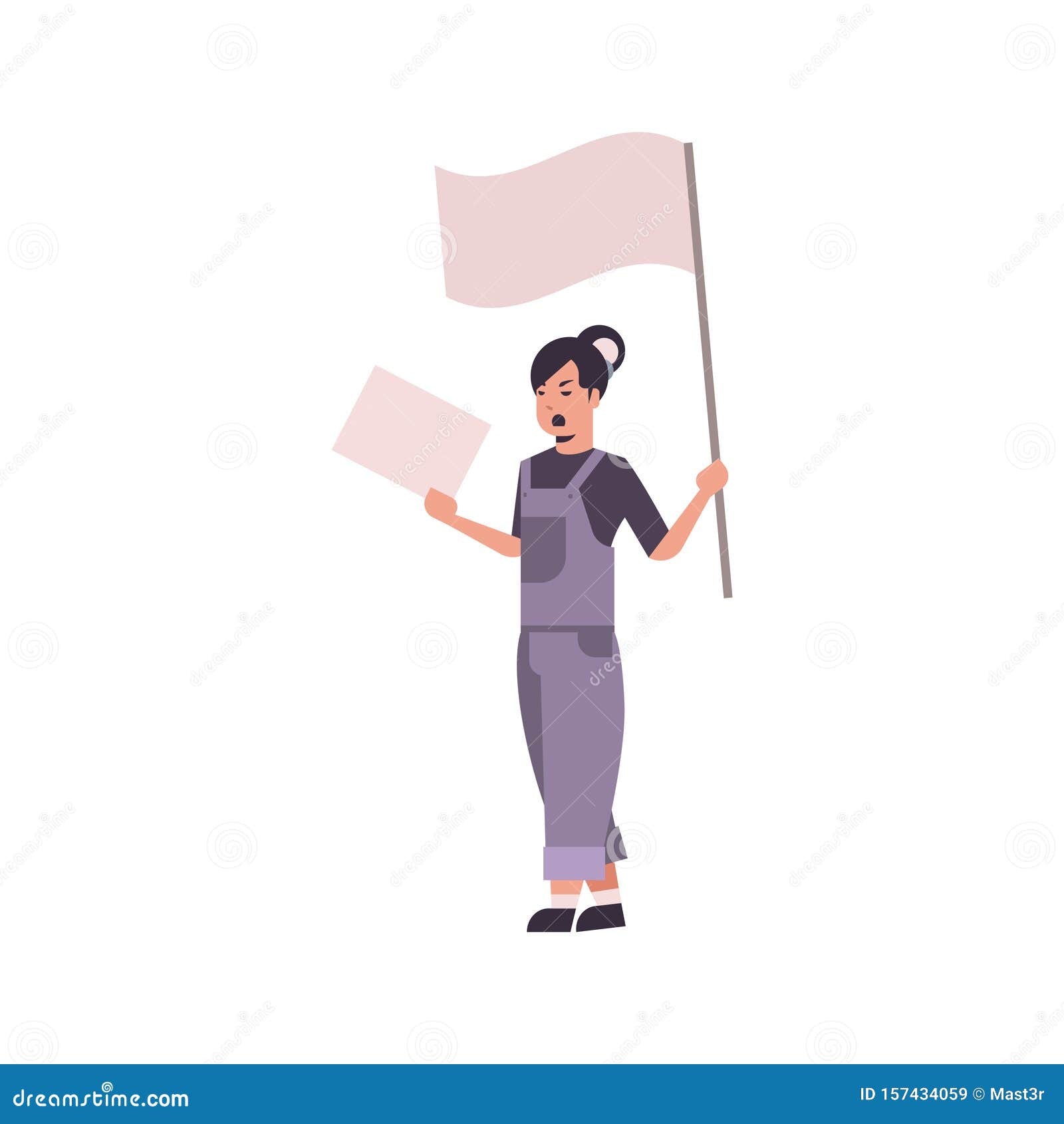 Woman Protester Holding Blank Placard And Flag Female Angry Activist