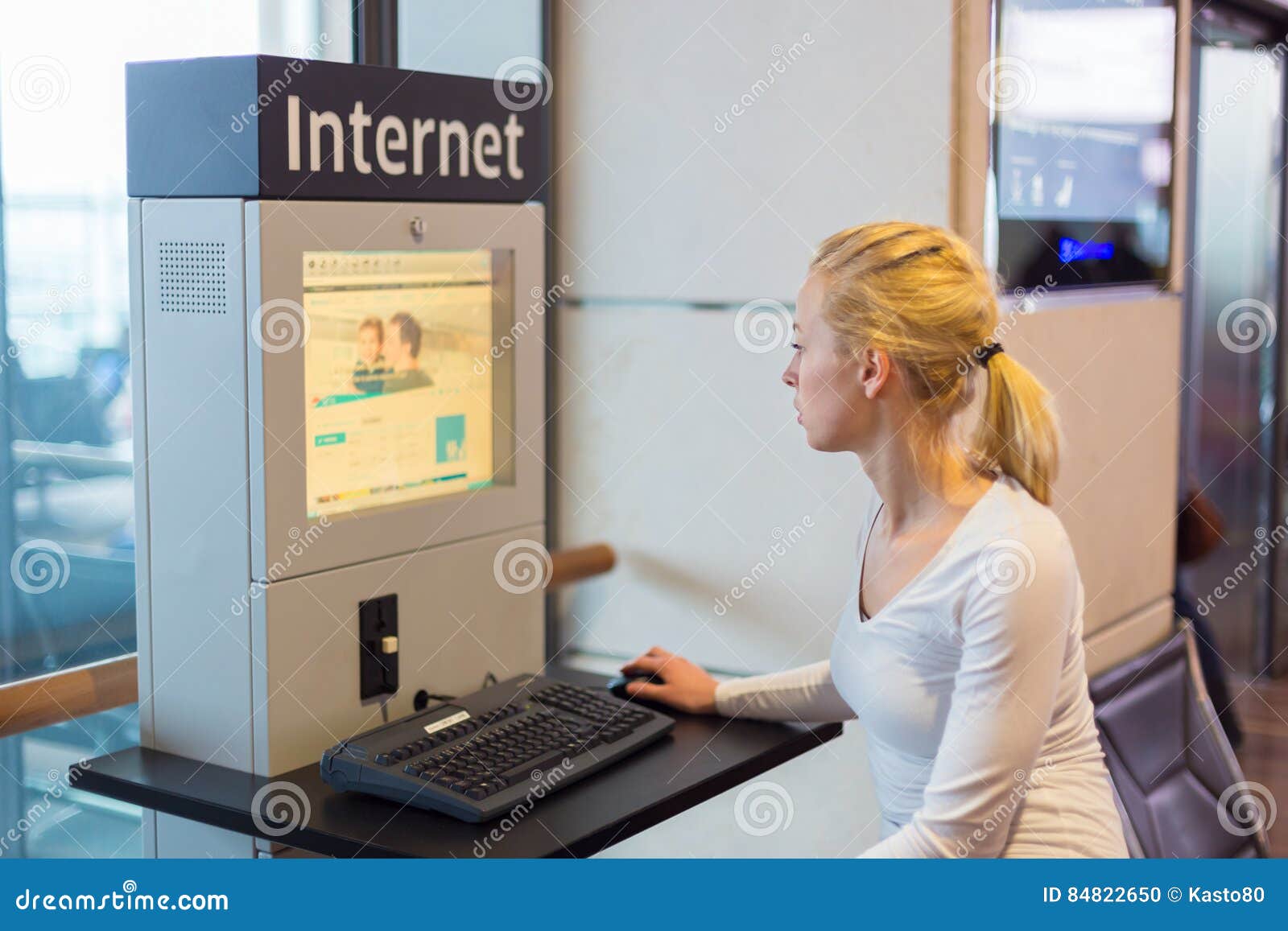 Woman Public Internet Access Point on Airport. Stock Photo - Image of ...