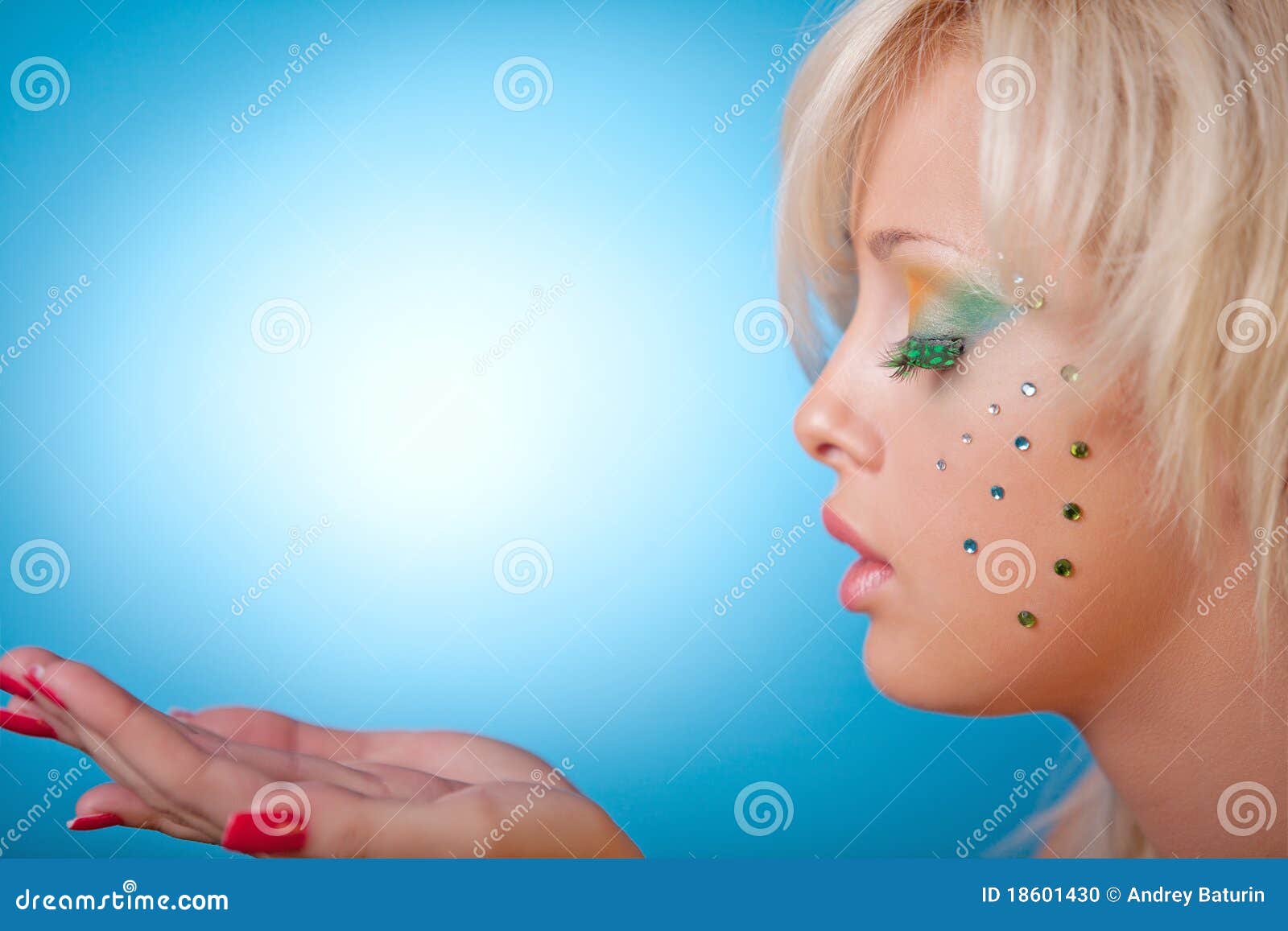 Woman Puffing at Something Situated on Hand Stock Photo - Image of ...