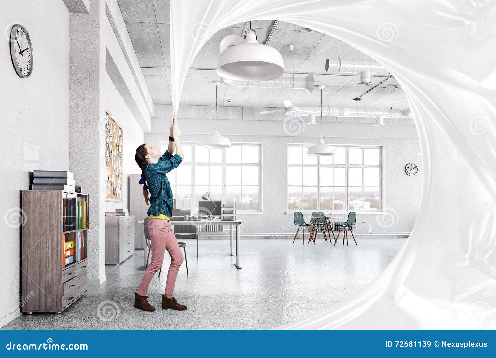 Woman pull white fabric stock image. Image of student - 72681139