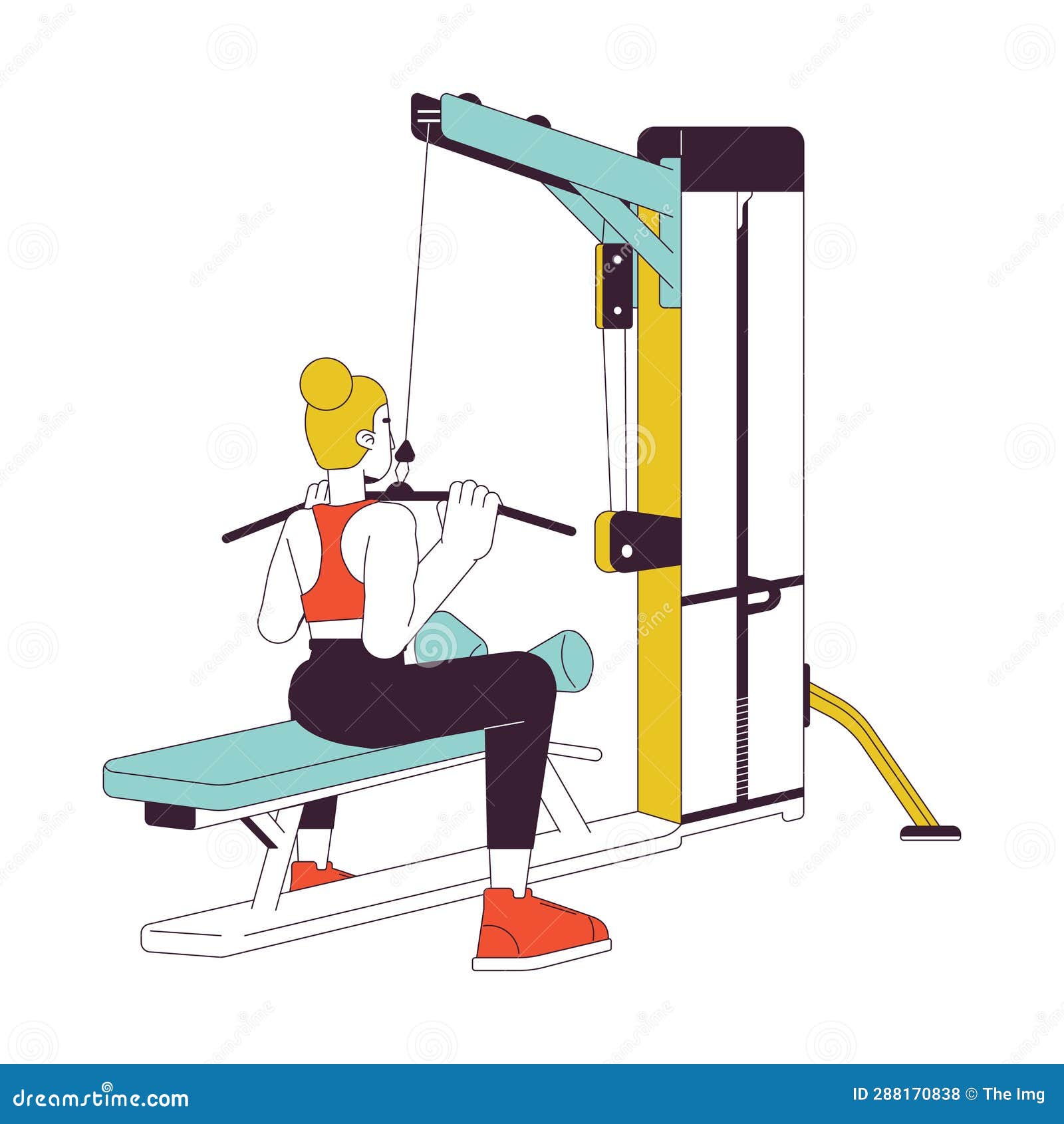 Woman Pulling Bar Down on Lat Pulldown Machine Flat Line Color Vector ...