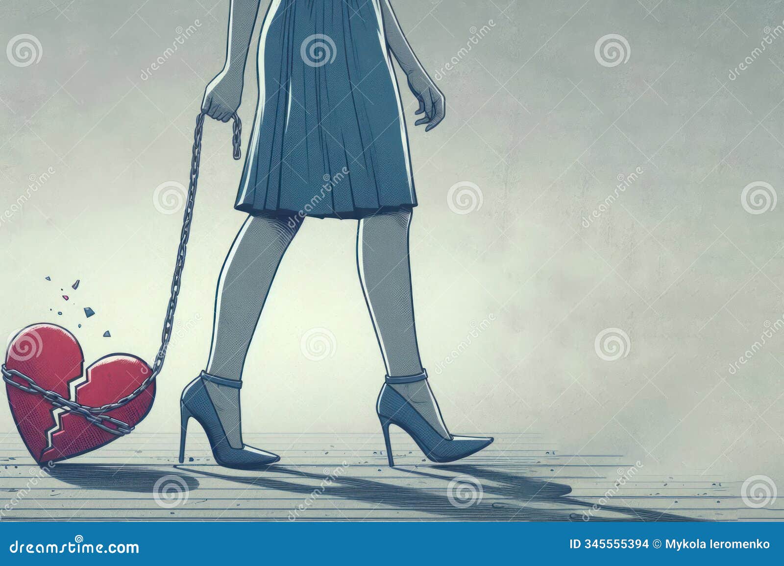 A Woman is Pulling a Broken Heart on a Chain. Space for Text. Stock ...