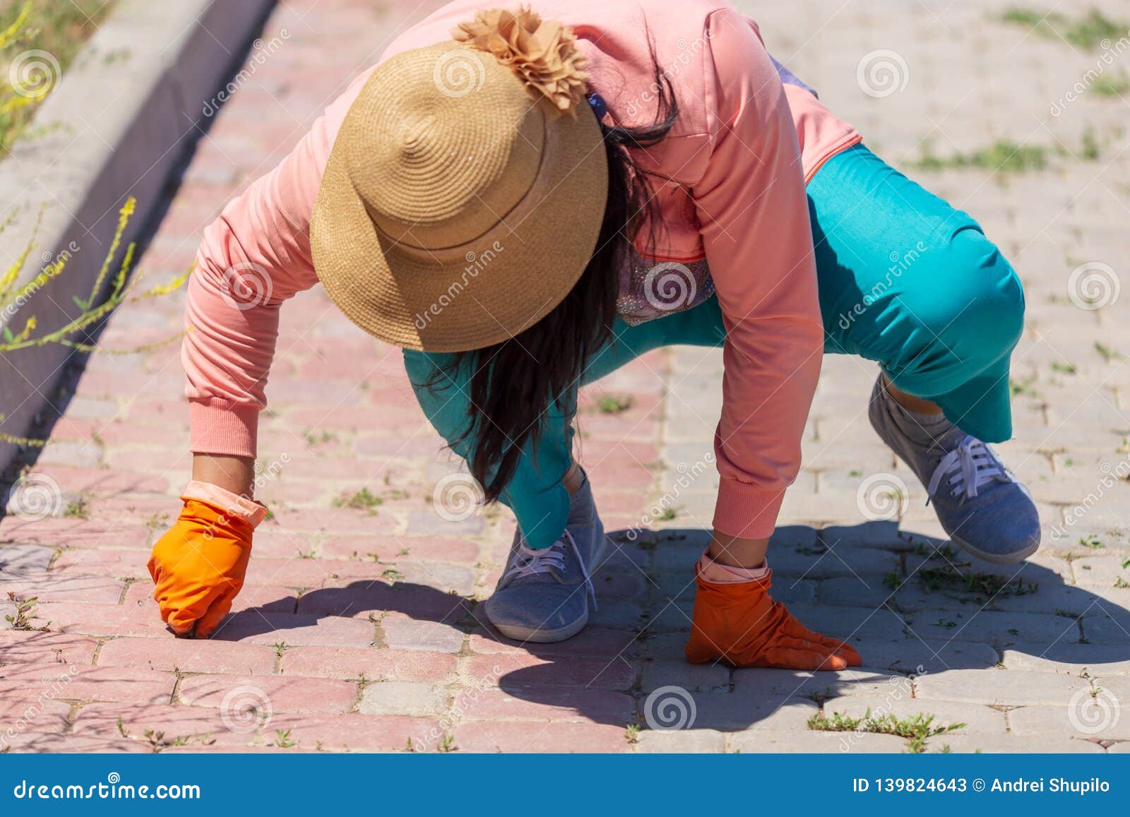 Woman Pulling Grass on Pavement in Park Stock Image - Image of flower ...