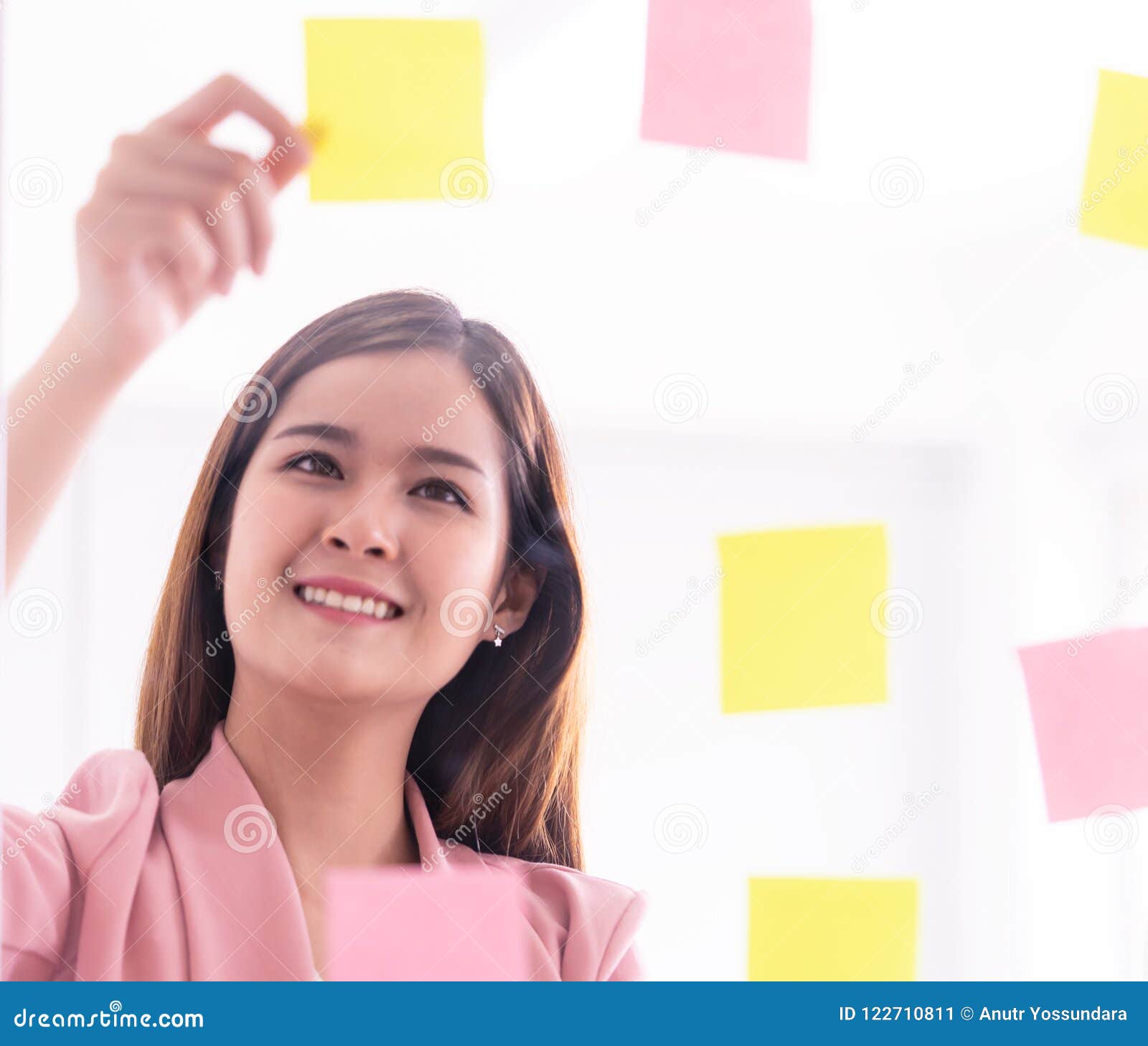 Woman Pulling Reminder Note Paper Out of the Windows Stock Image ...