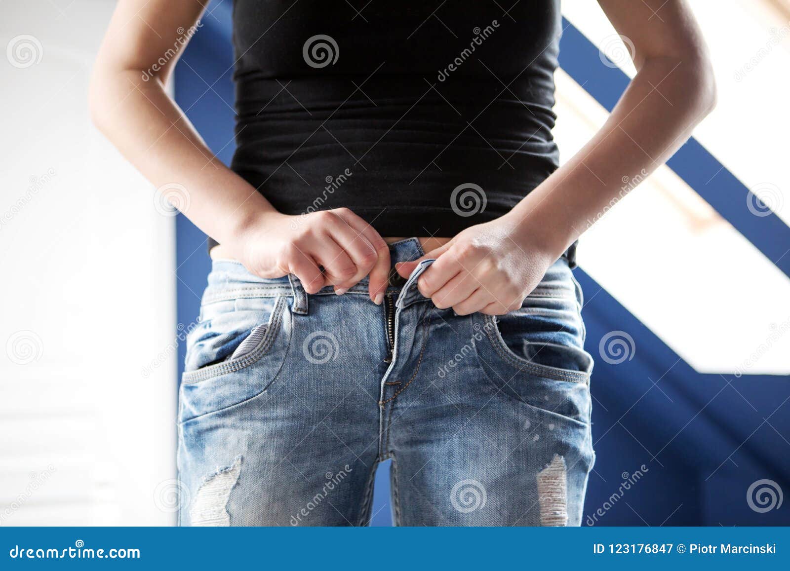 Woman Pulling On Tight Jeans Stock Image Image Of Dieting Beautiful 123176847