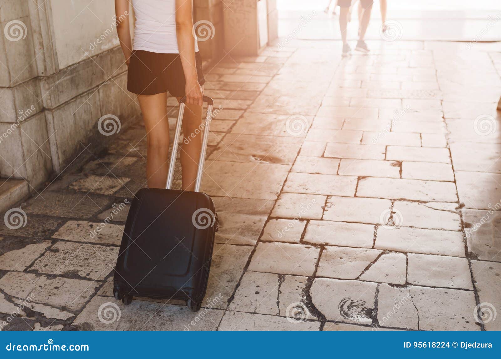 Woman Pulling Wheeled Suitcase Bag Stock Photo - Image of handle ...