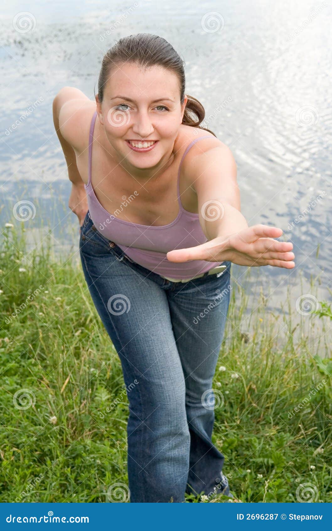 Woman pulls a hand forward stock image. Image of healthy - 2696287