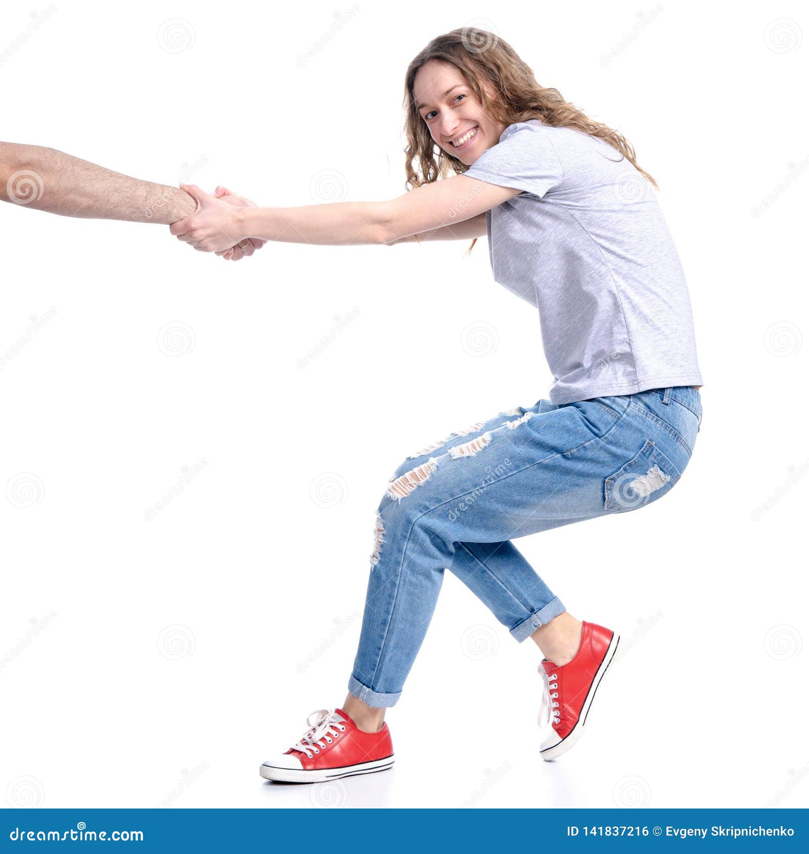 Woman Pulls the Hand of a Man Stock Photo - Image of human, asian ...