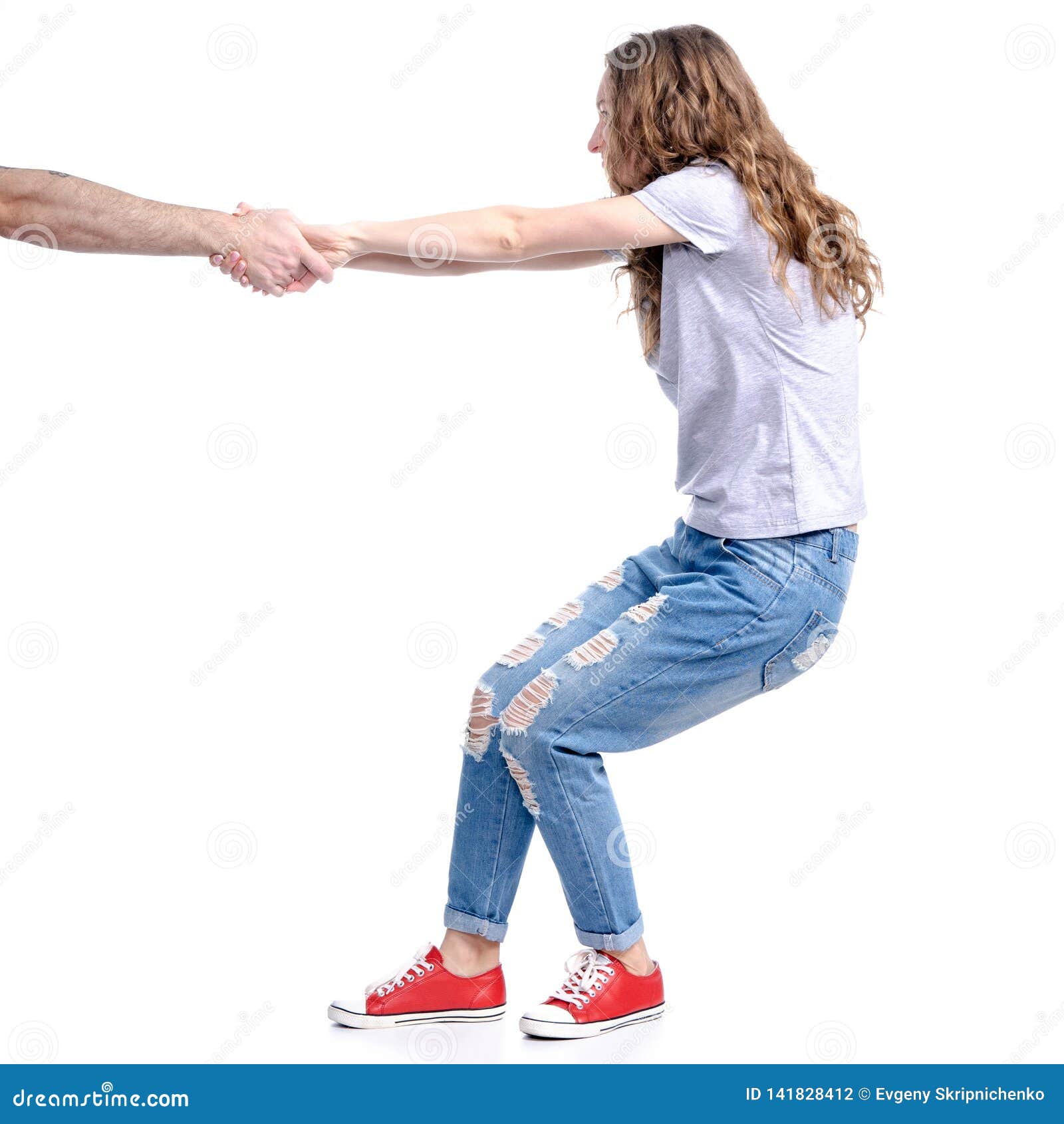 Woman Pulls the Hand of a Man Stock Photo - Image of smiling, journey ...