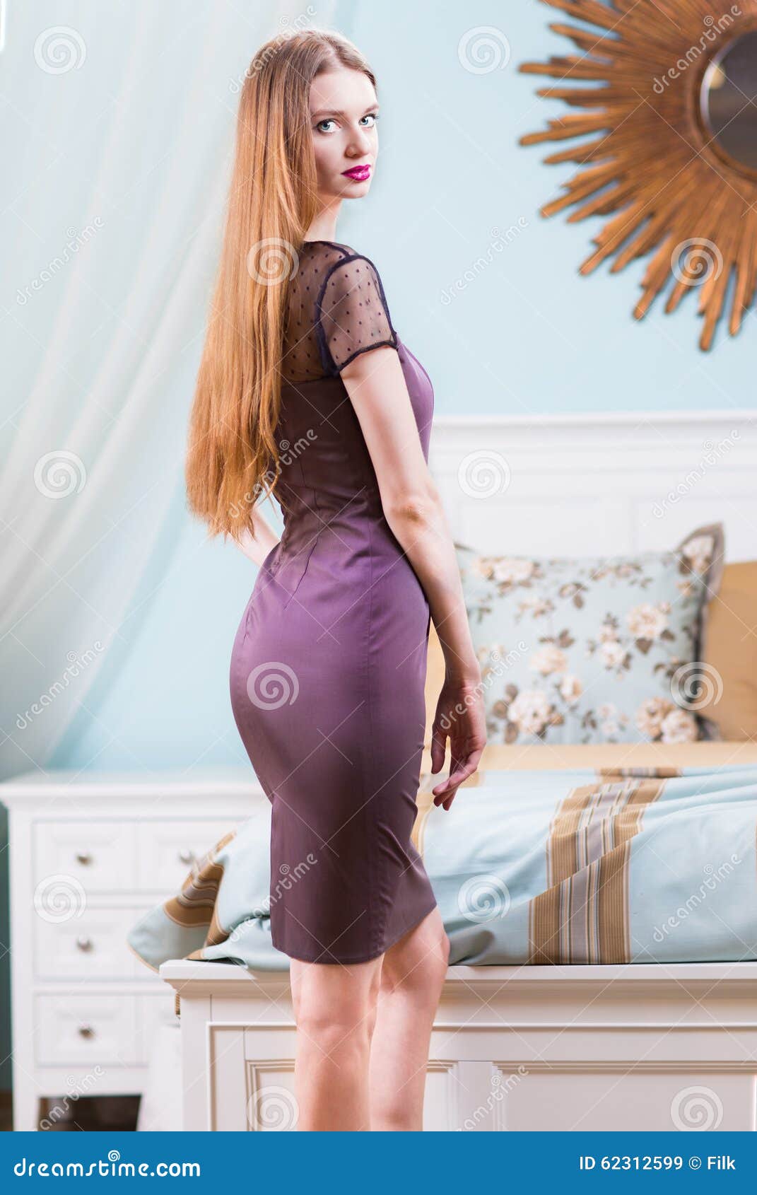 Woman In Purple Dress In Luxury Bedroom Interior Stock Image Image Of