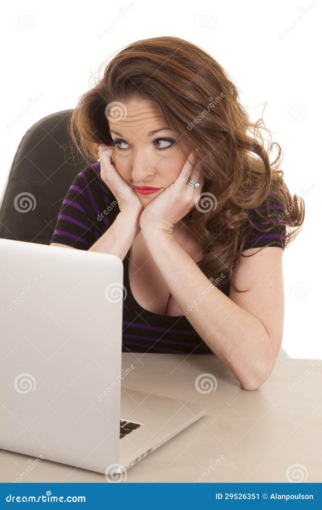 Woman Purple Stripe Dress Bored Computer Stock Image - Image of ...