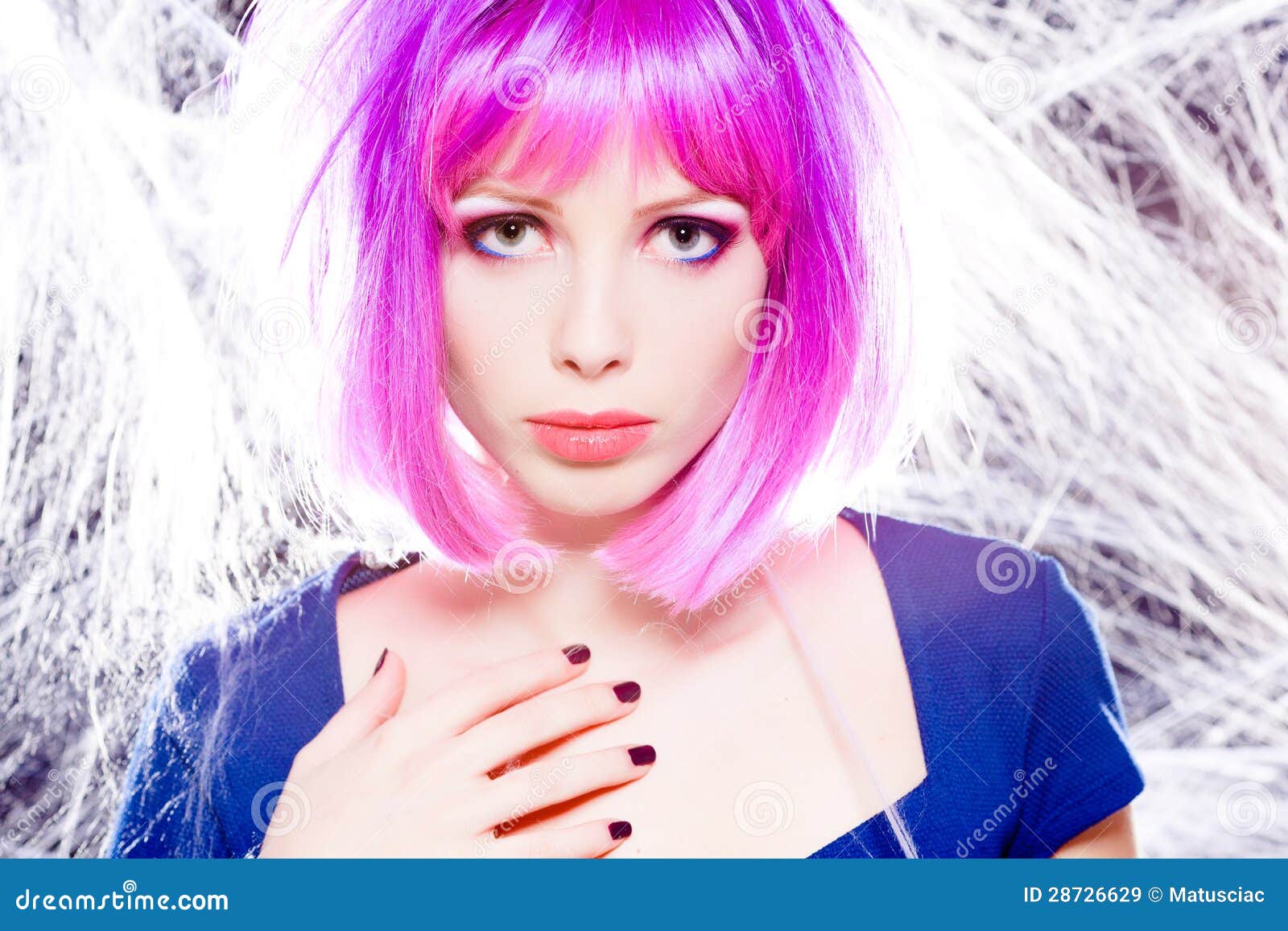 Woman with Purple Wig and Intense Make-up Trapped in a Spider Web Stock ...