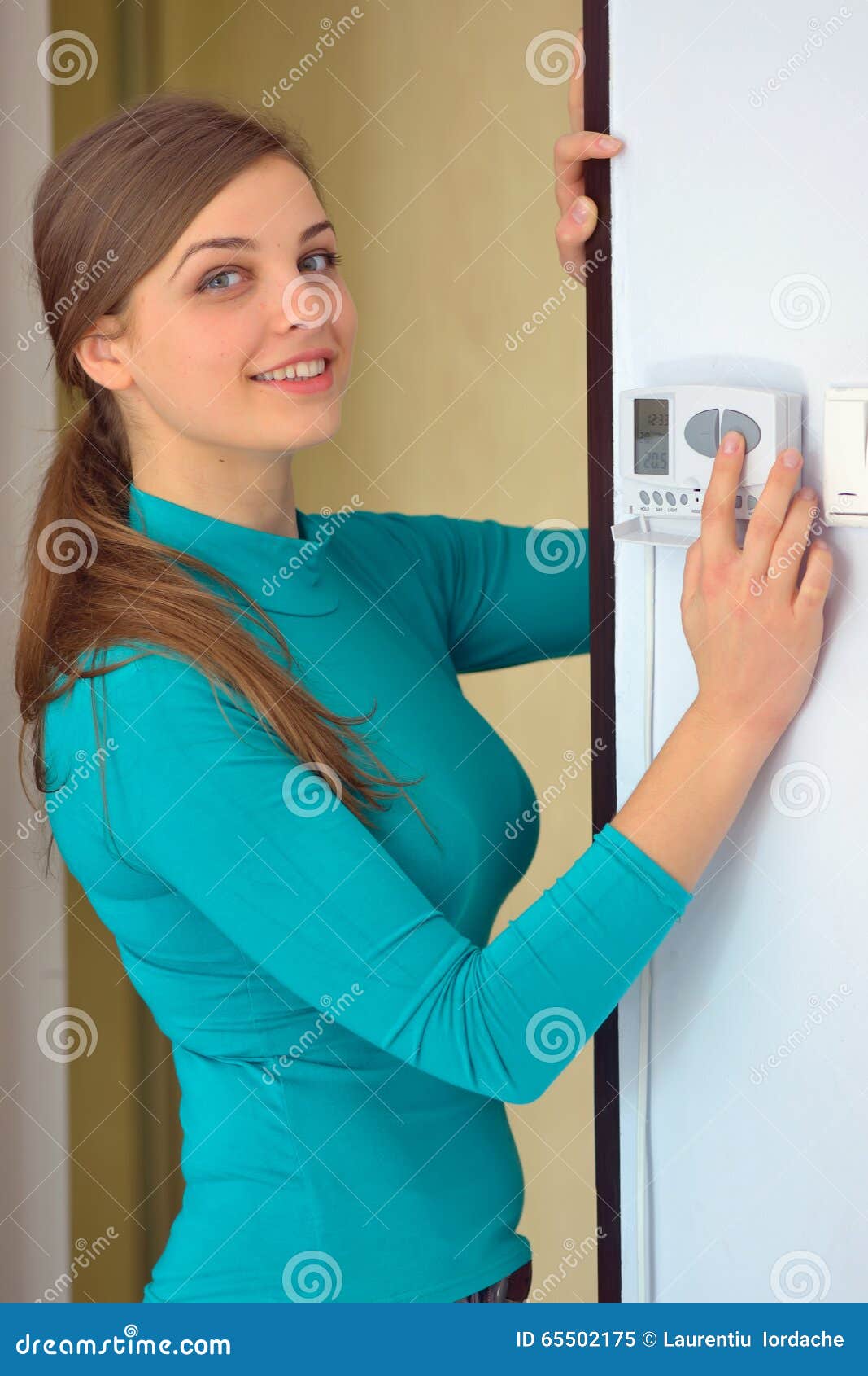 Woman Push Button Digital Thermostat Stock Image - Image of hand, power ...