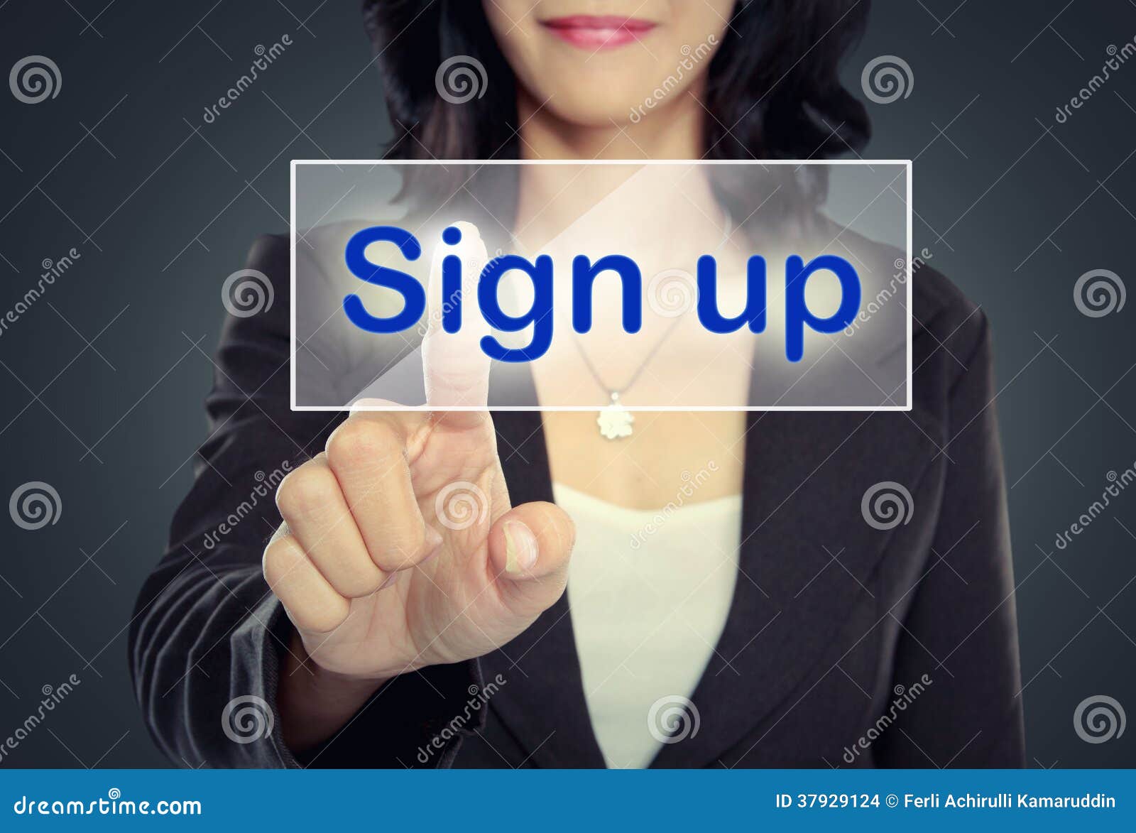 Woman Push To Sign Up Button Stock Photo - Image of push, connection ...