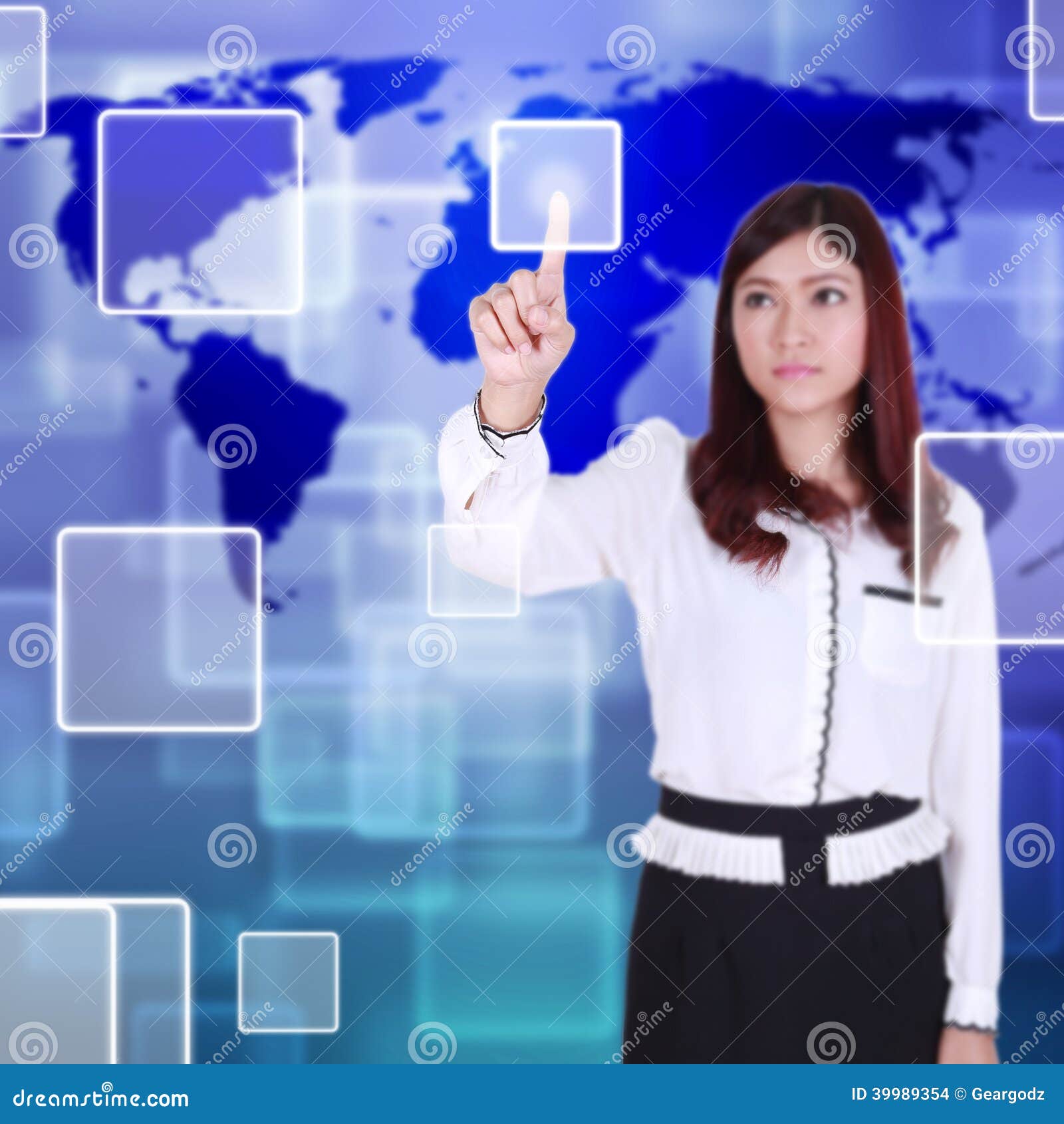 Woman Pushing Button on a Touch Screen Stock Photo - Image of ...
