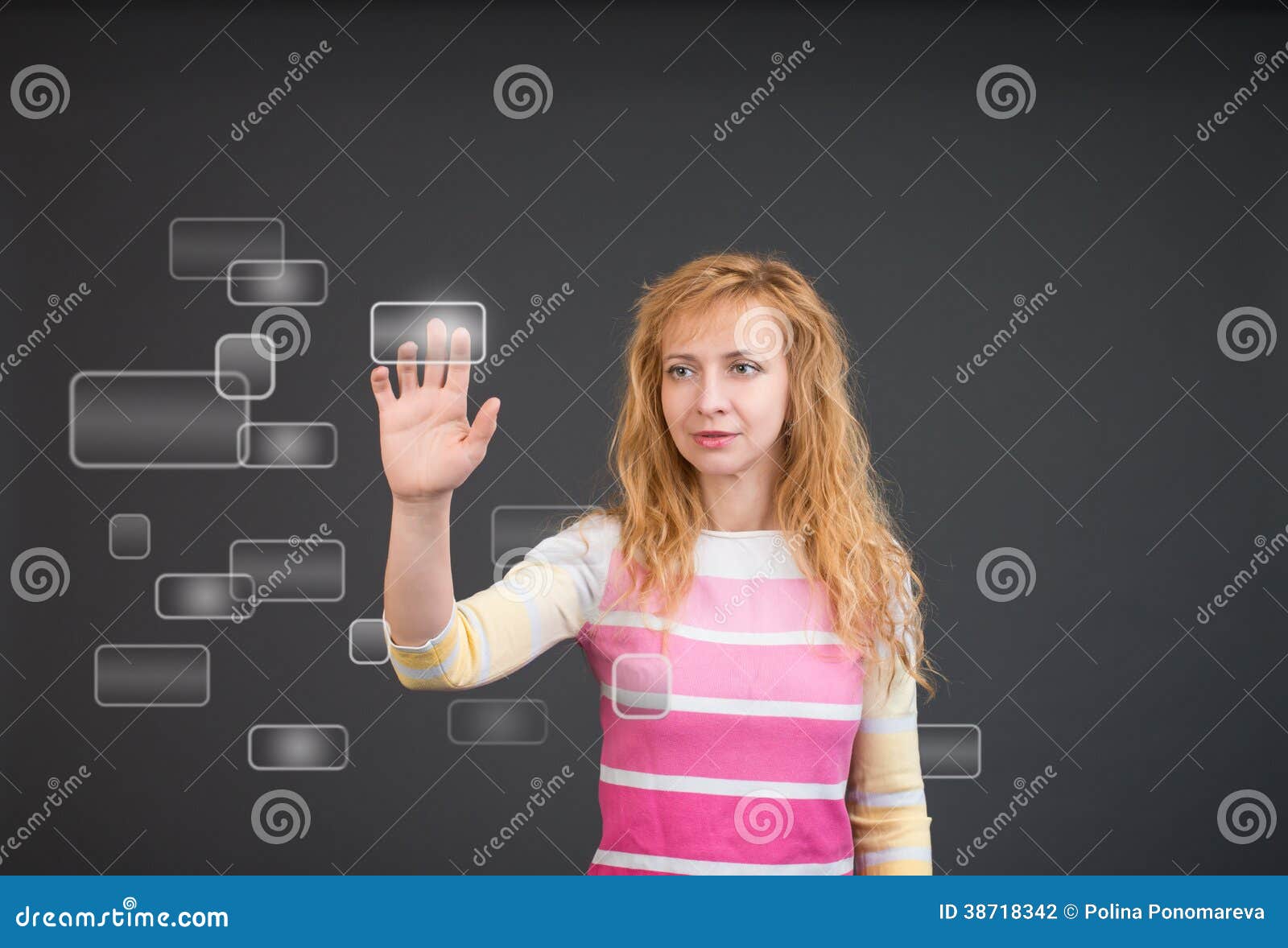 Woman Pushing a Button on a Touch Screen Interface Stock Photo - Image ...