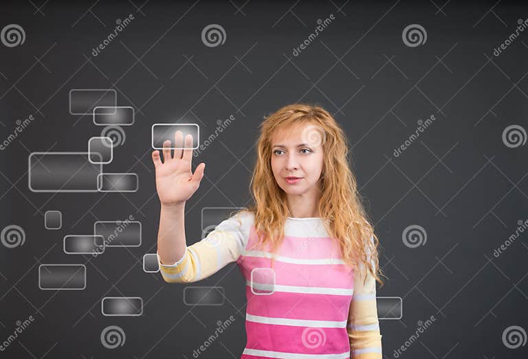 Woman Pushing a Button on a Touch Screen Interface Stock Photo - Image ...