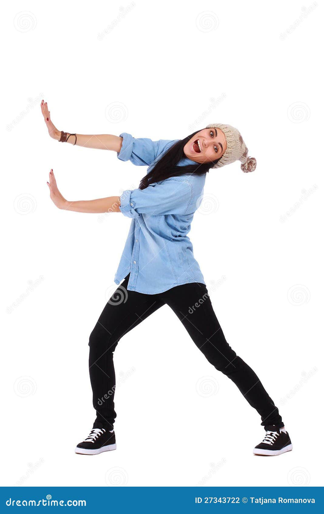 Woman Pushing Something Imaginary Stock Photo - Image of active, female ...