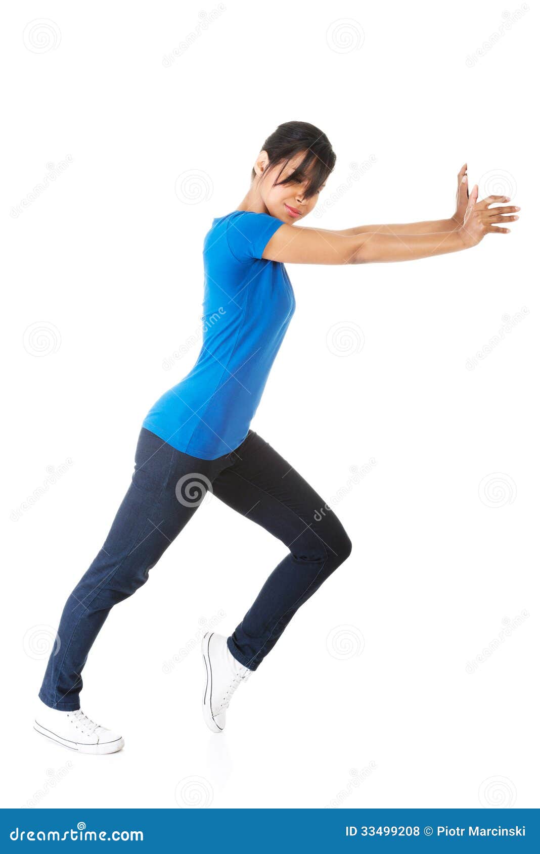 Woman Pushing Something Imaginary Stock Photo - Image of isolated ...