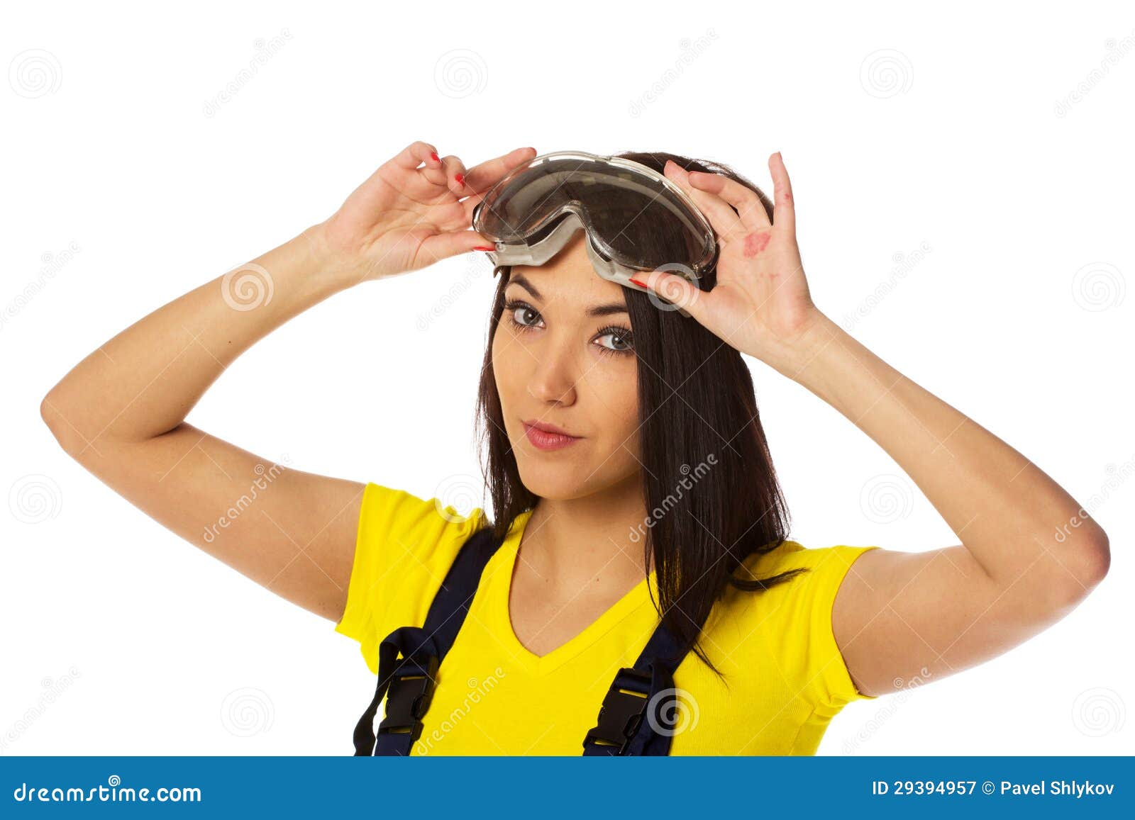 Woman Put on Safety Goggles. Stock Image - Image of active, adult: 29394957