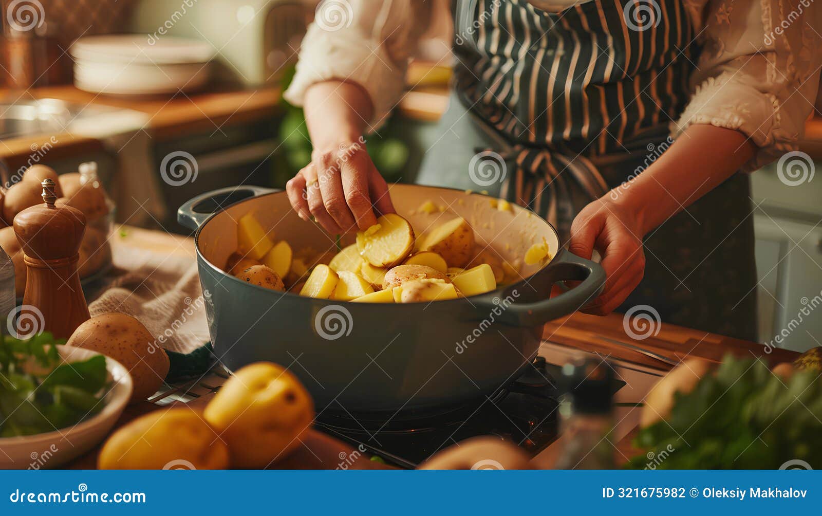 Woman Putting Peeled Potato in Pot at Table in Kitchen Stock ...