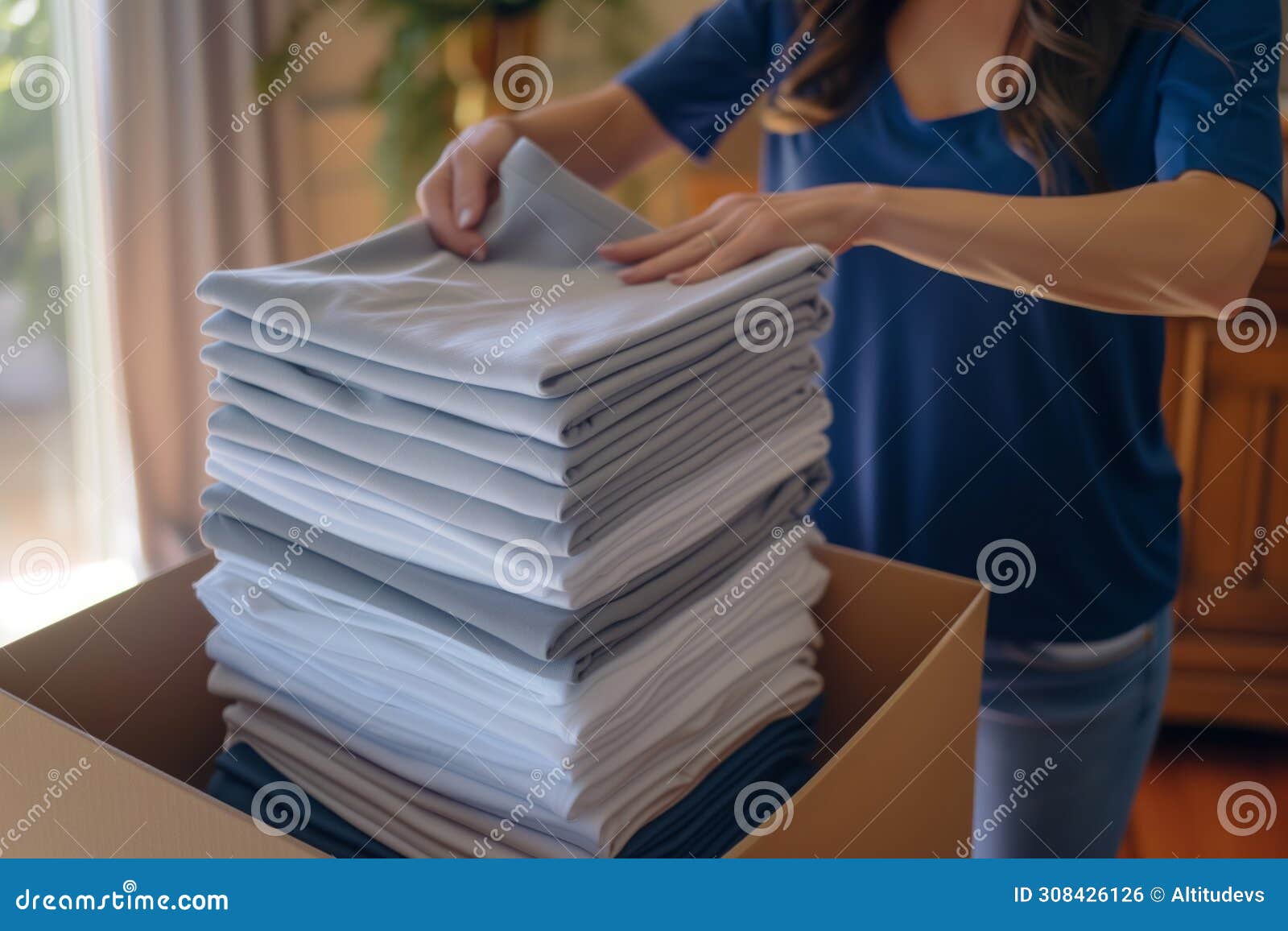 Woman Putting a Stack of Folded Tshirts into a Box Stock Photo - Image ...