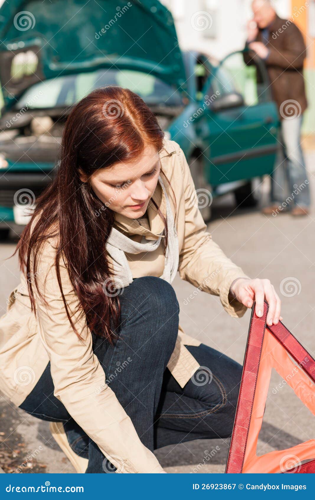 Woman Putting Triangle Sign for Car Breakdown Stock Image - Image of ...