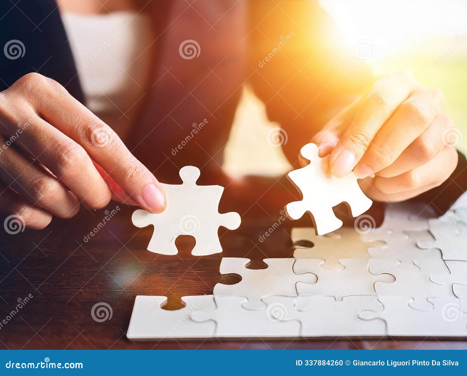 Woman Putting Two Puzzle Pieces Together Stock Illustration ...