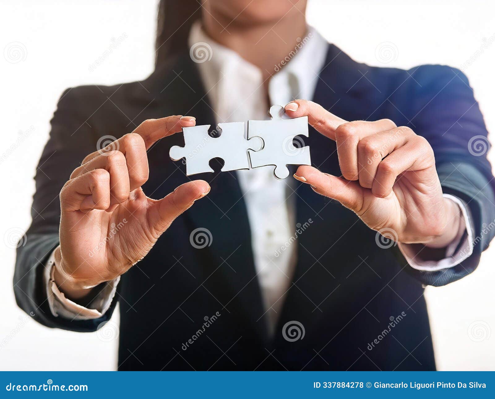 Woman Putting Two Puzzle Pieces Together Stock Illustration ...