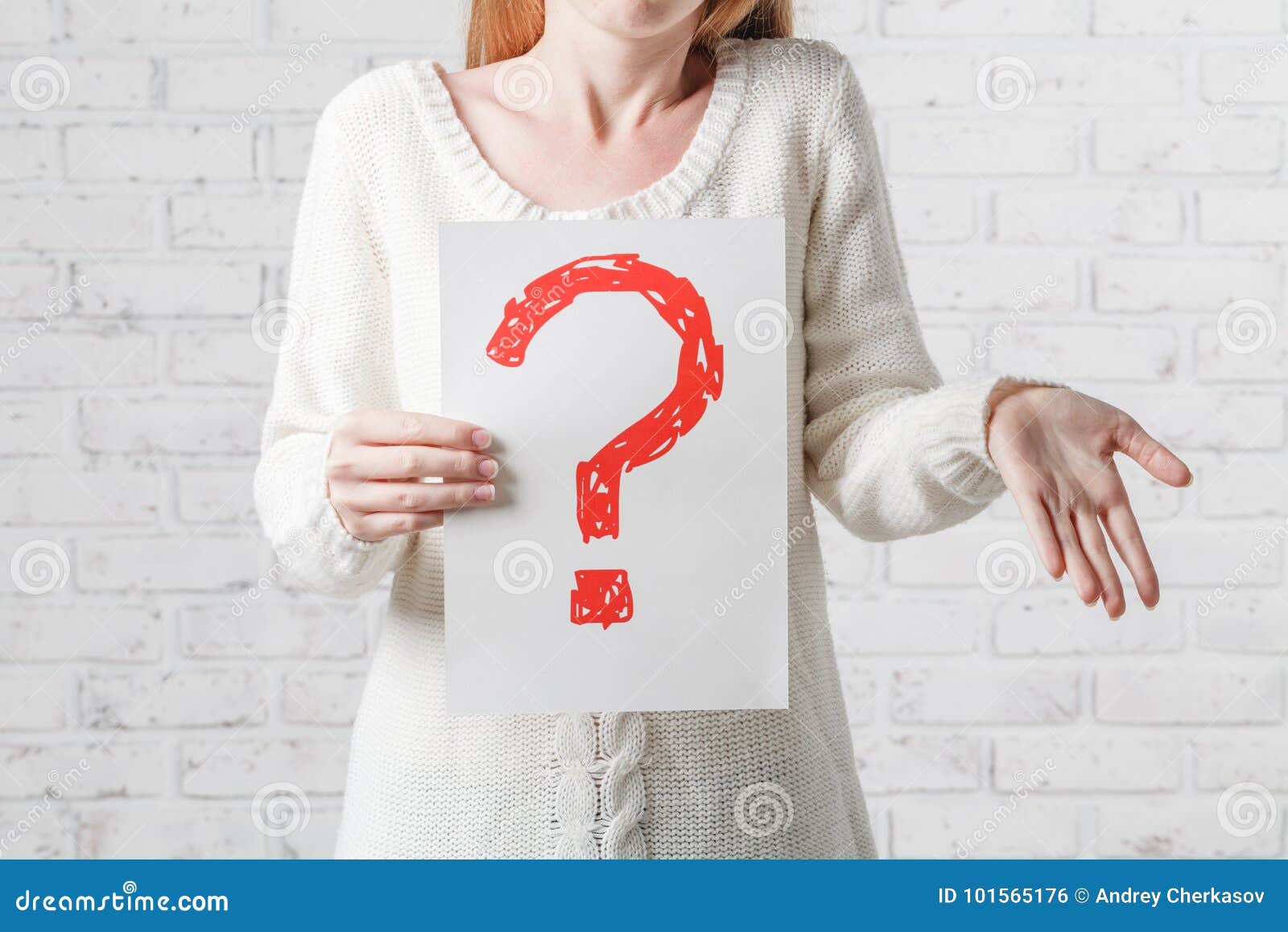 Woman With Question Marks On Grey Background Stock Photography ...