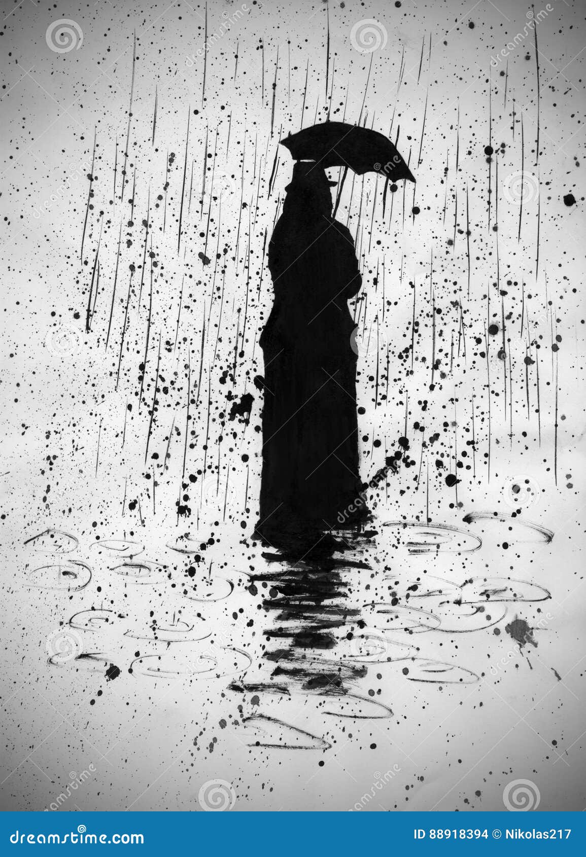 Woman in the Rain Under an Umbrella Stock Illustration - Illustration ...